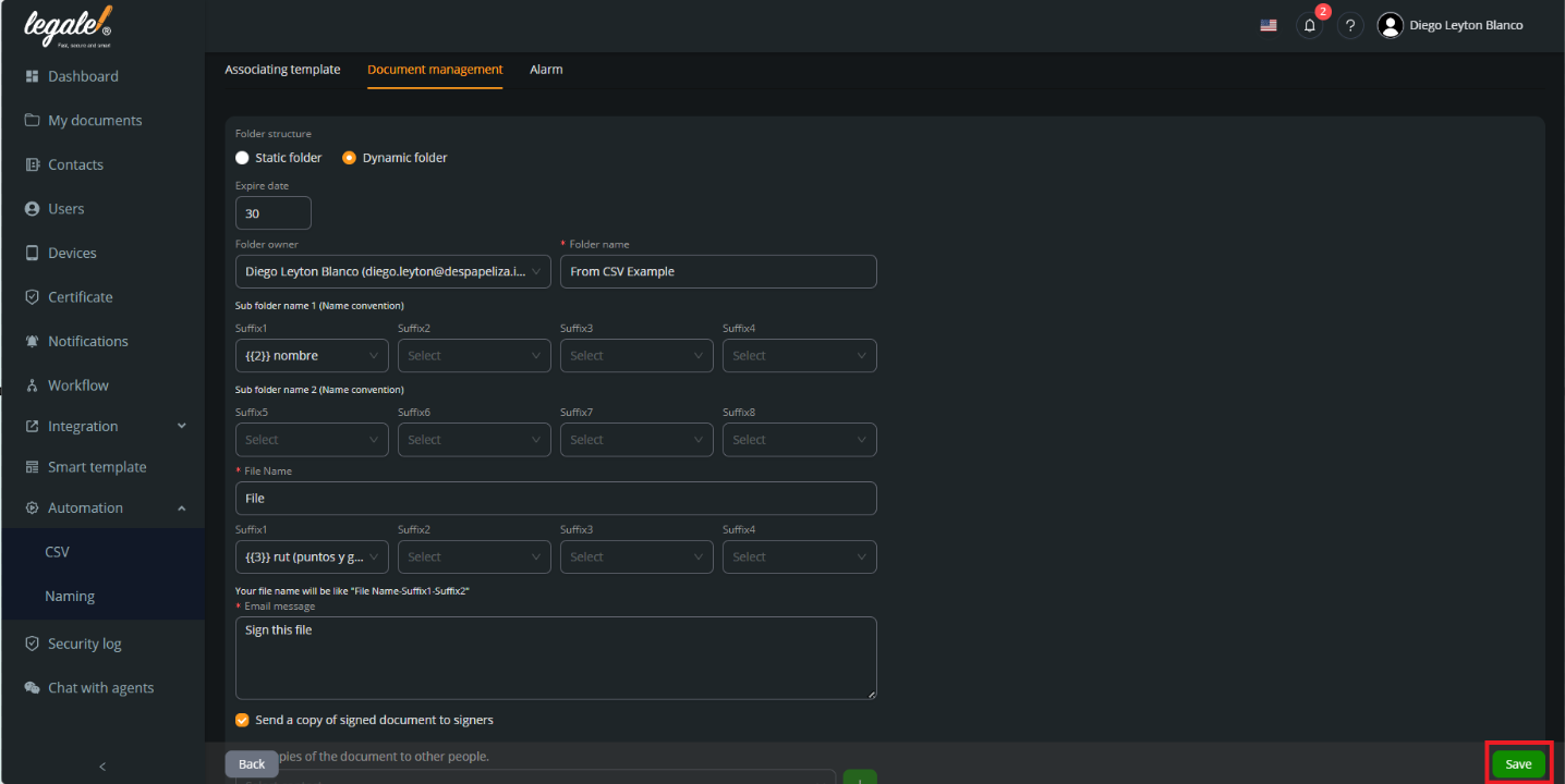 Filling in and signing your template using CSV automation – legale.io