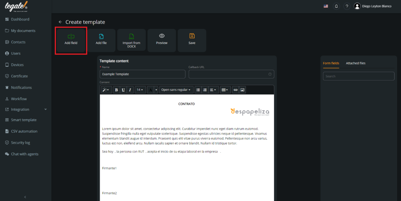 Adding fields to your template(*) – legale.io